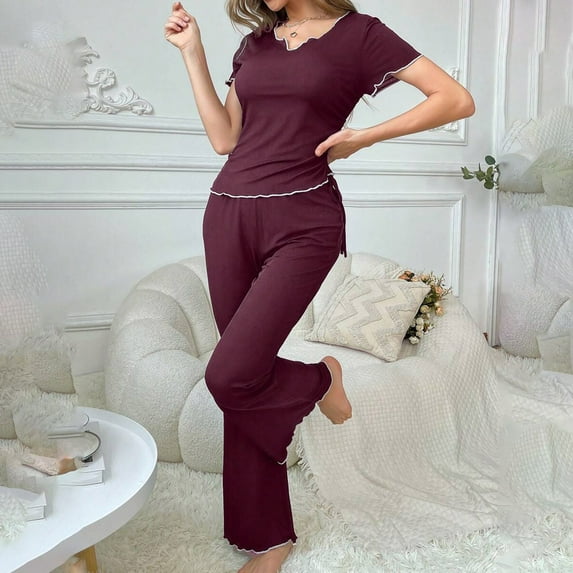 Ahabrexf Title: Wide Leg Pants, Relaxed Ladies V-Neck Pajama Set with ...