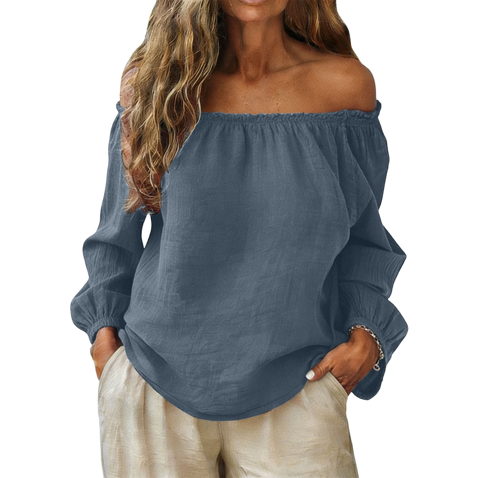 Ahabrexf Tops for Women Smocked Off-Shoulder Long Sleeve Blouse, Pure ...