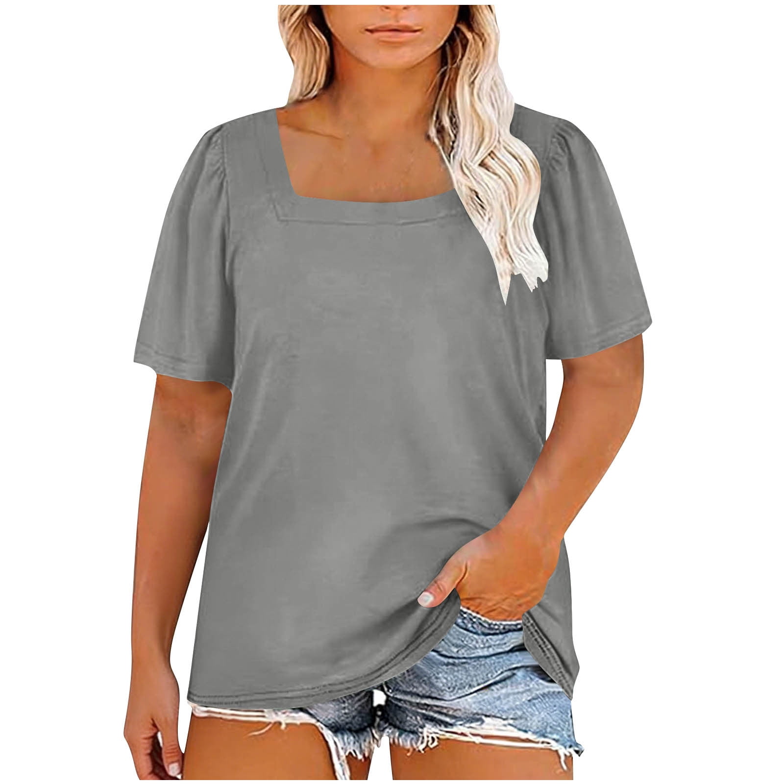 Ahabrexf Tops for Women Trendy Solid Color Plus Size Square Neck Puff ...