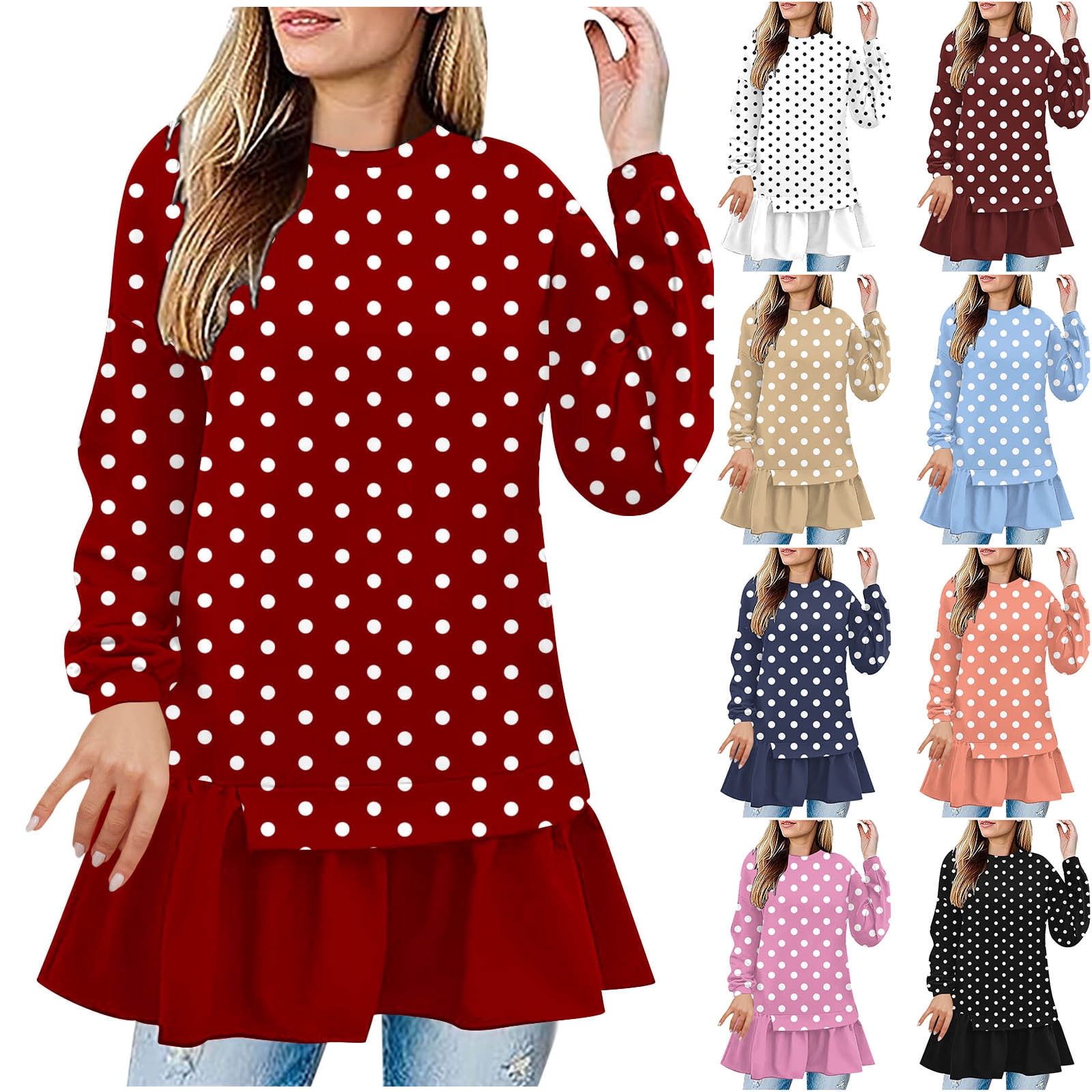 Ahabrexf Tunic Top Long Sleeve Black White Polka Dot Print Round Neck ...