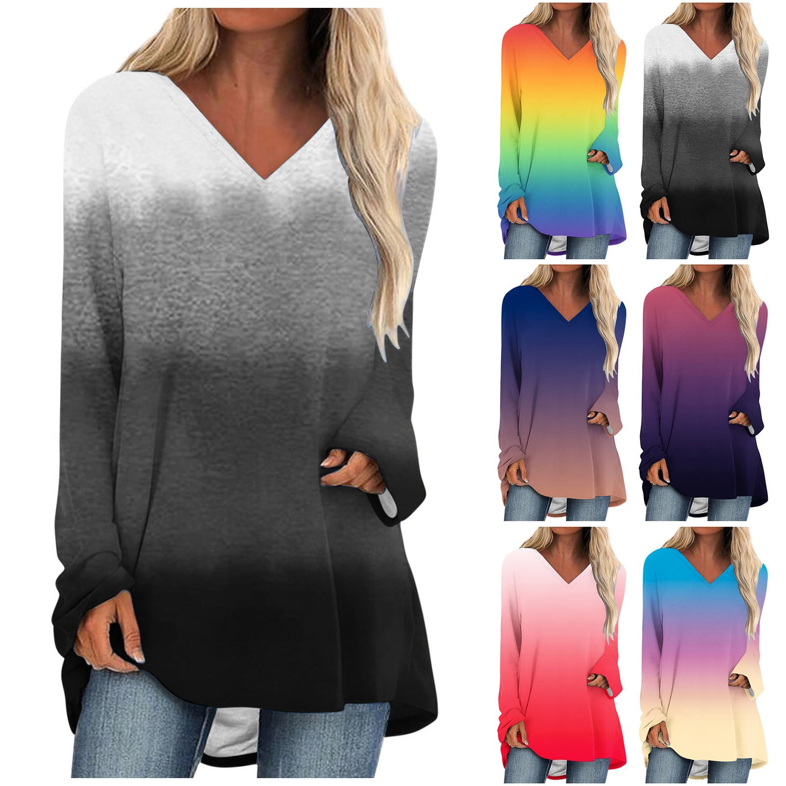 Ahabrexf Tunic Top V Neck Long Sleeves Ombre Gradient Print Loose Fit ...