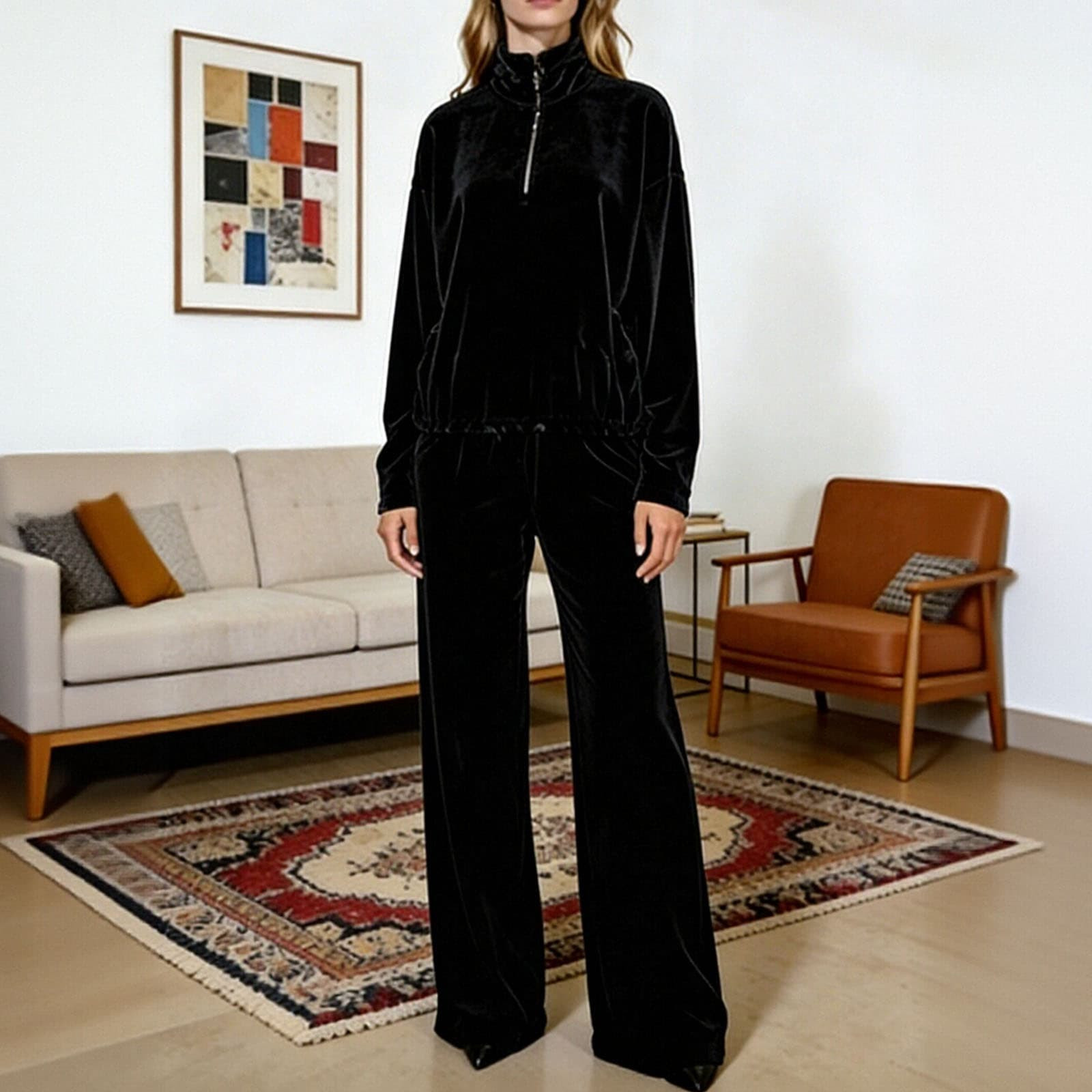 Ahabrexf Velvet Pants Suit, Women's Casual Loose-Fit Velvet Two-Piece ...