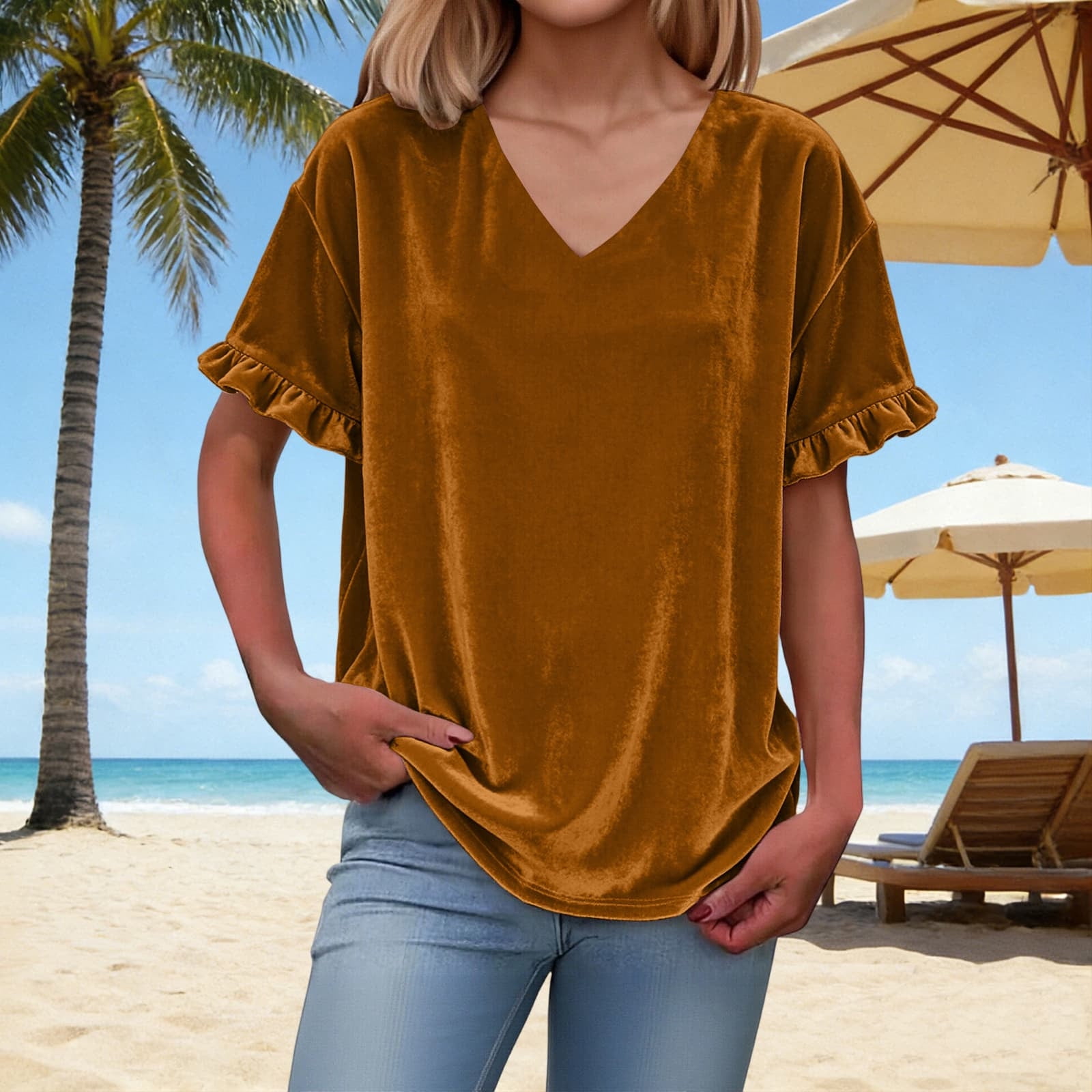Ahabrexf Velvet, Womens Flowy Casual Short Sleeve Blouse with Feminine ...
