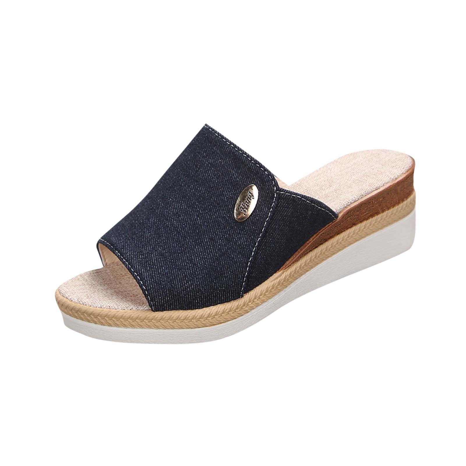 Ahabrexf Wedge Sandals for Women Open Toe Thick Sole Slip on Denim ...