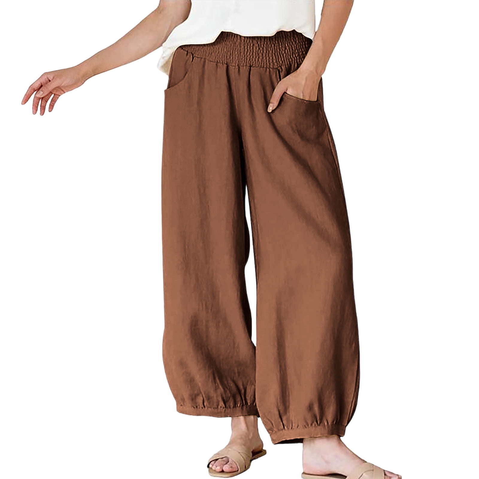 Ahabrexf Wide Leg Pants Women's Shirred Elastic Waistband Loose Fit ...