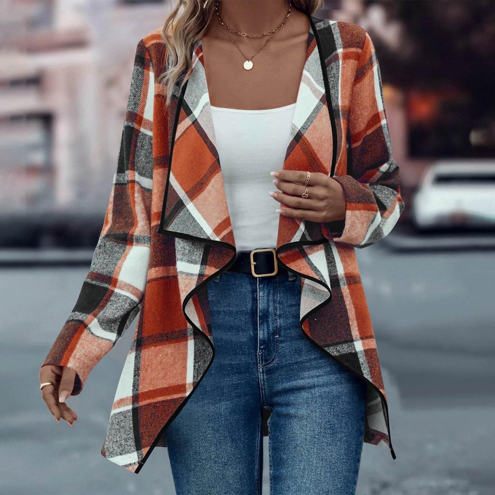 Ahabrexf Winter Coats for Women,Plaid Printed Long Sleeve Cardigan ...