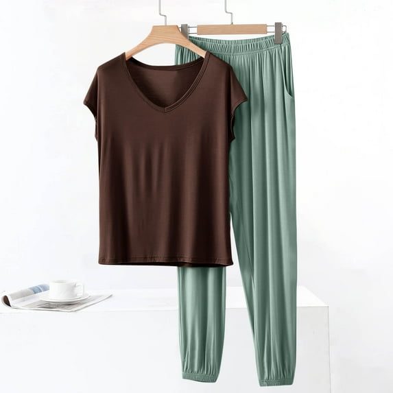 Ahabrexf Woman's Loose Solid Color Winter Thick Warm T-Shirt Pants ...