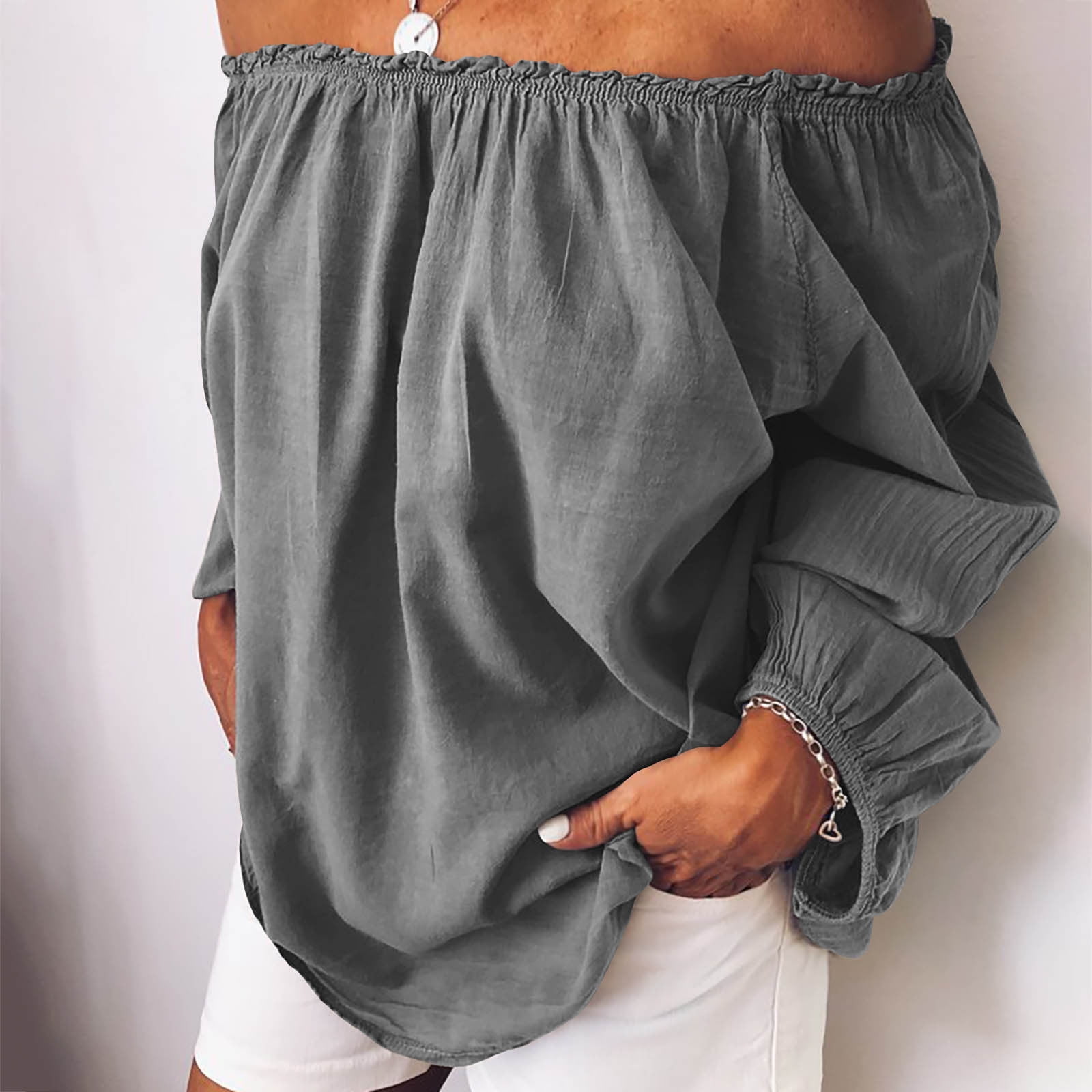 Ahabrexf Women Casual Stringy Long Sleeved Off The Shoulder Tops ...