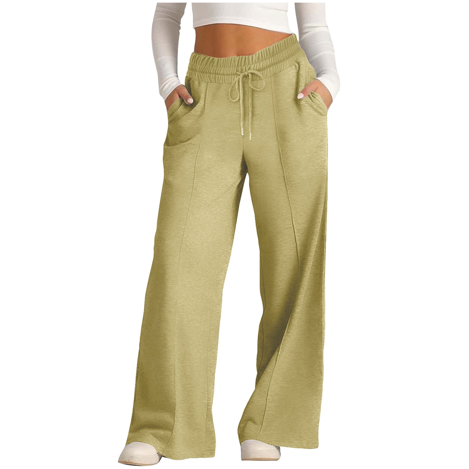 Ahabrexf Women Fashion Trousers Full Pants Casual Straight Solid Color ...