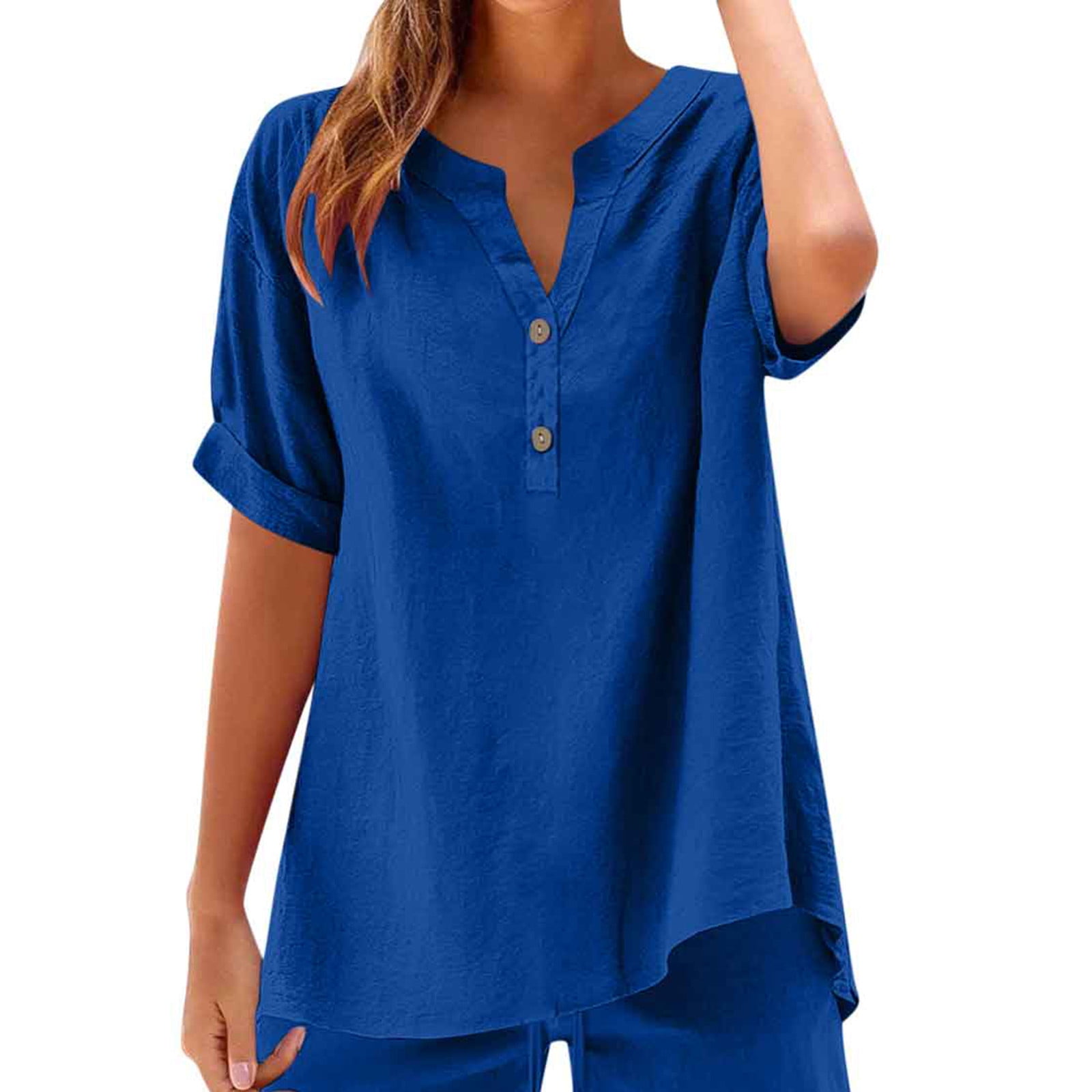 Ahabrexf Women Loose Casual Solid Color And Linen Short Sleeved Tops ...