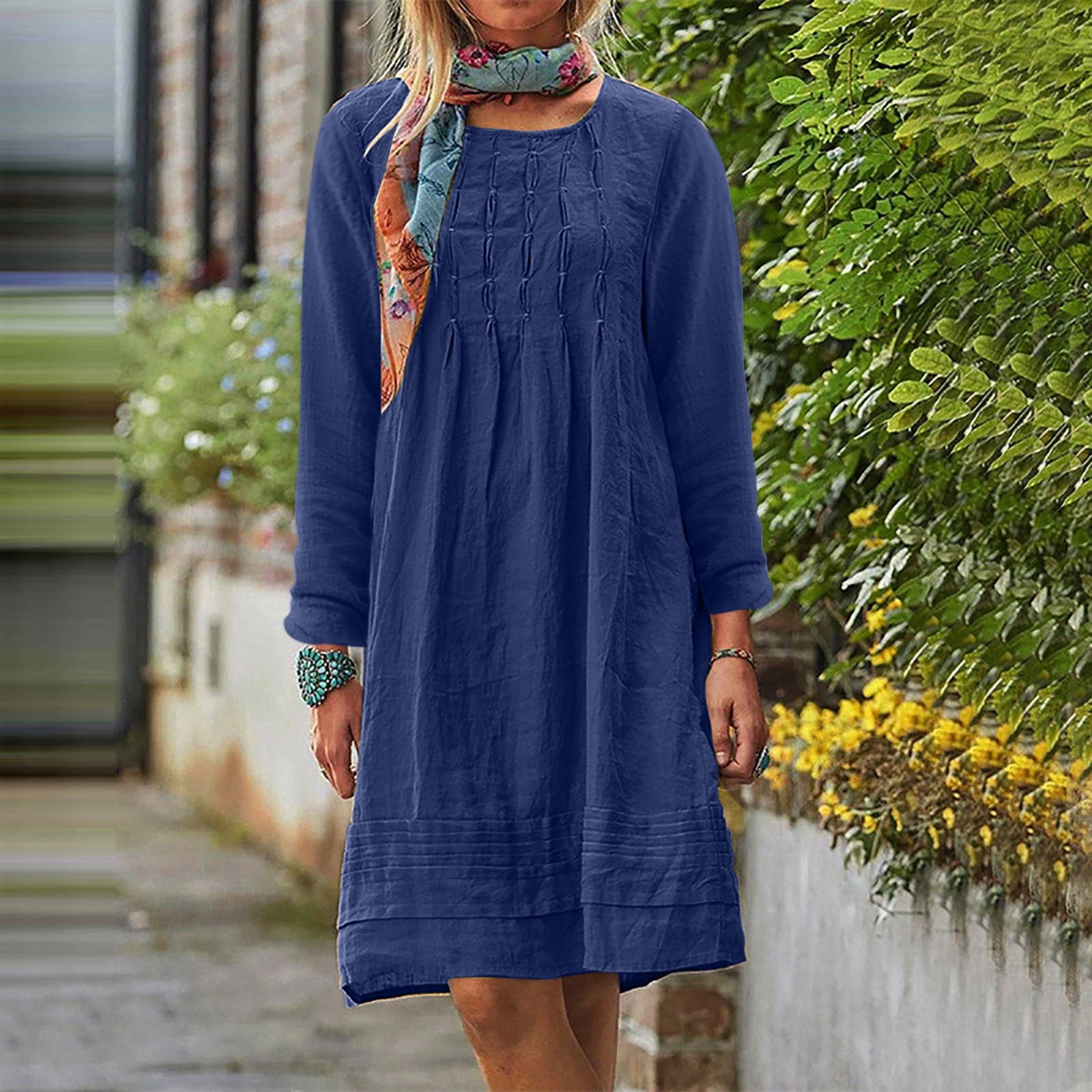 Ahabrexf Women Round Neck Long Sleeved Pleated Solid Linen Loose Fitting Dress - Walmart.com