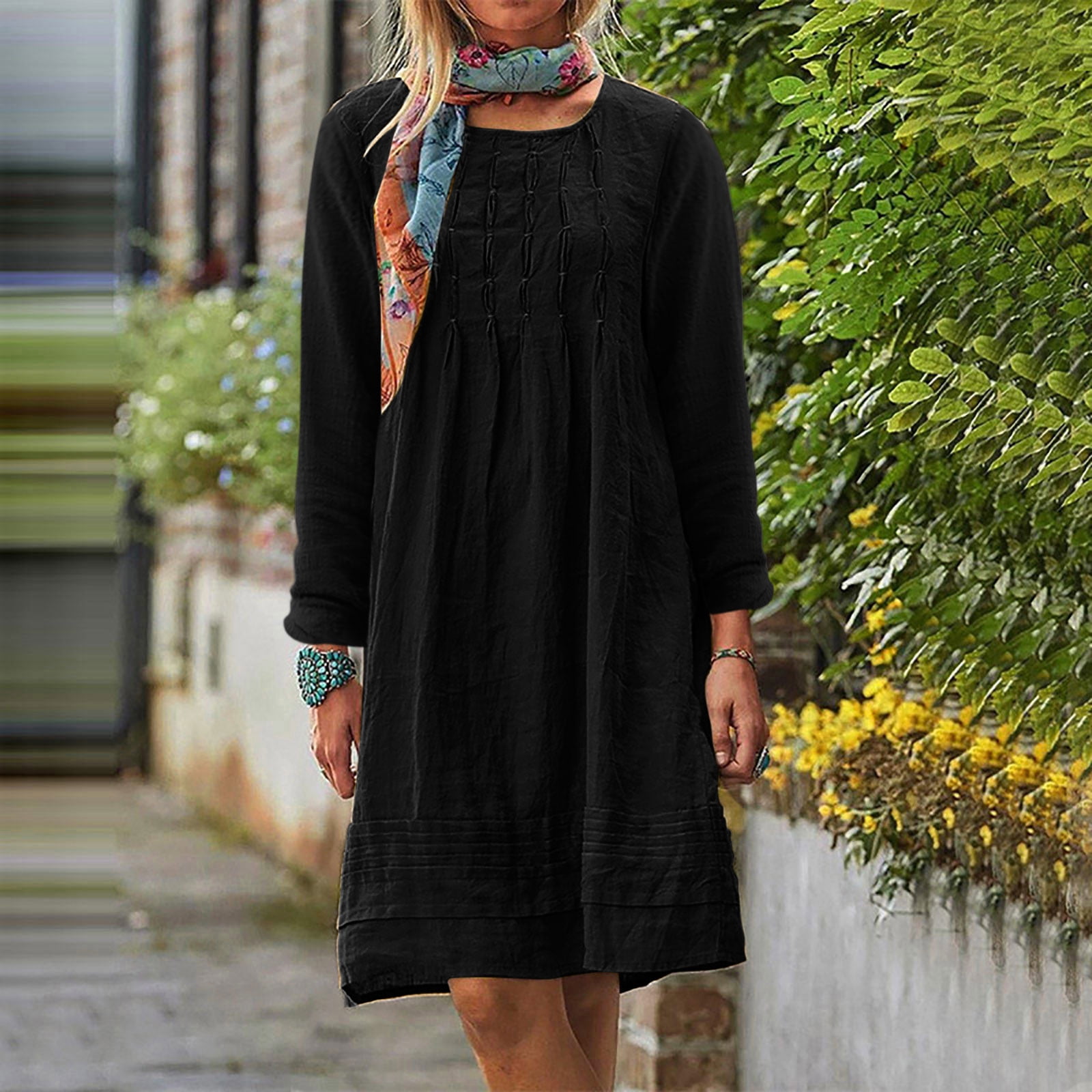 Ahabrexf Women Round Neck Long Sleeved Pleated Solid Linen Loose ...