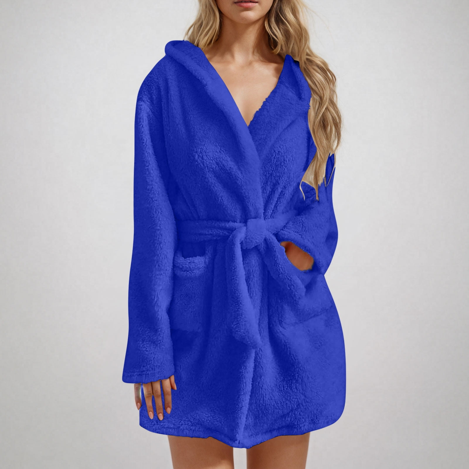 Ahabrexf Women Soft Solid Color Long Sleeve V-Neck Winter Sashes Pokets ...