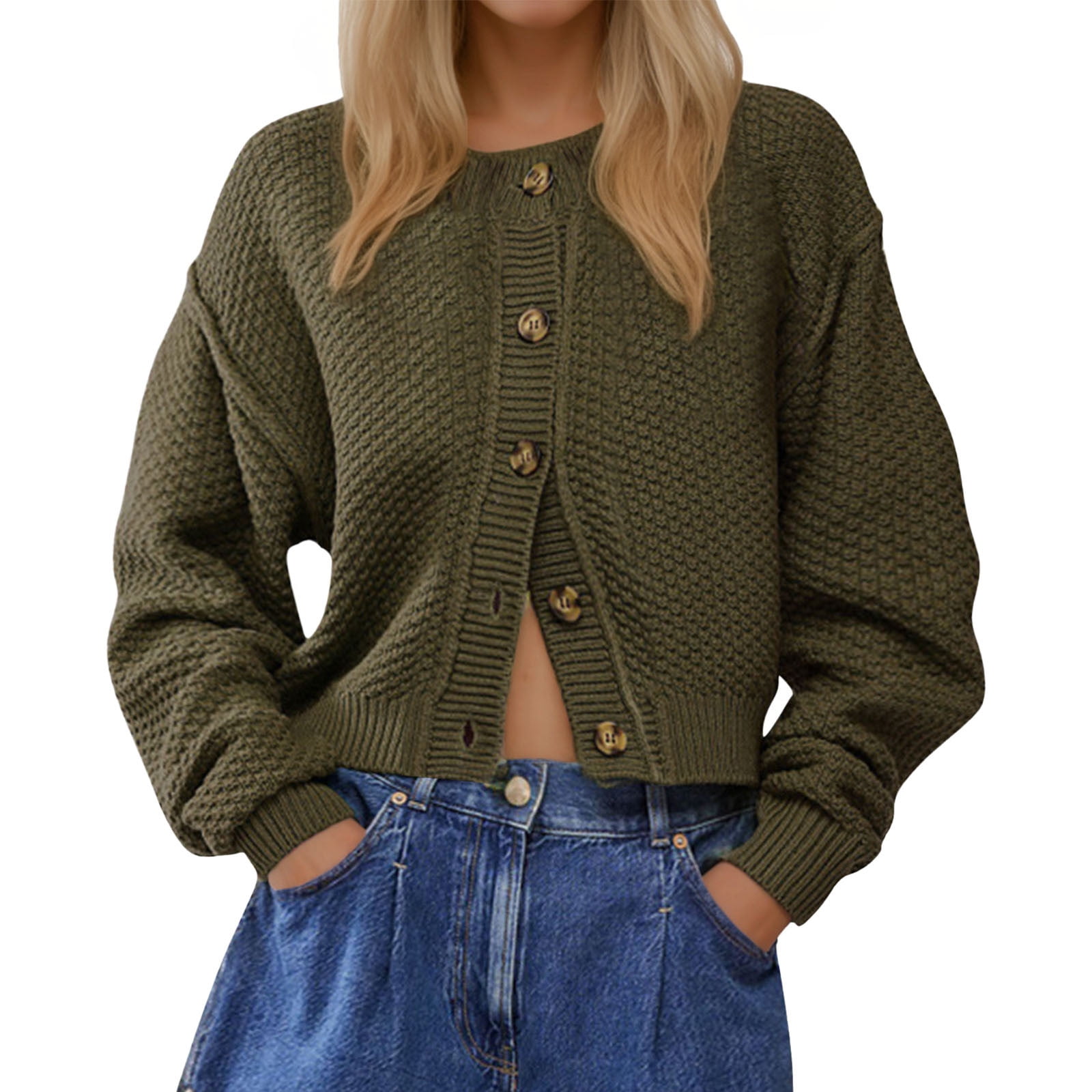 Ahabrexf Women Solid Color Botton Fall And Winter Long Sleeve Cardigan ...
