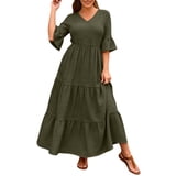 Ahabrexf Women's 3/4 Sleeve V Neck Tiered Loose Flowy Ankle Dress with ...