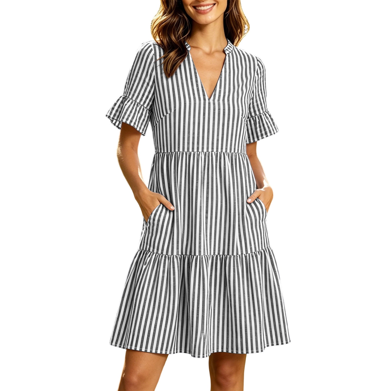 Ahabrexf Women's Beach Dress Striped V-Neck Pleated Mini with Pockets ...