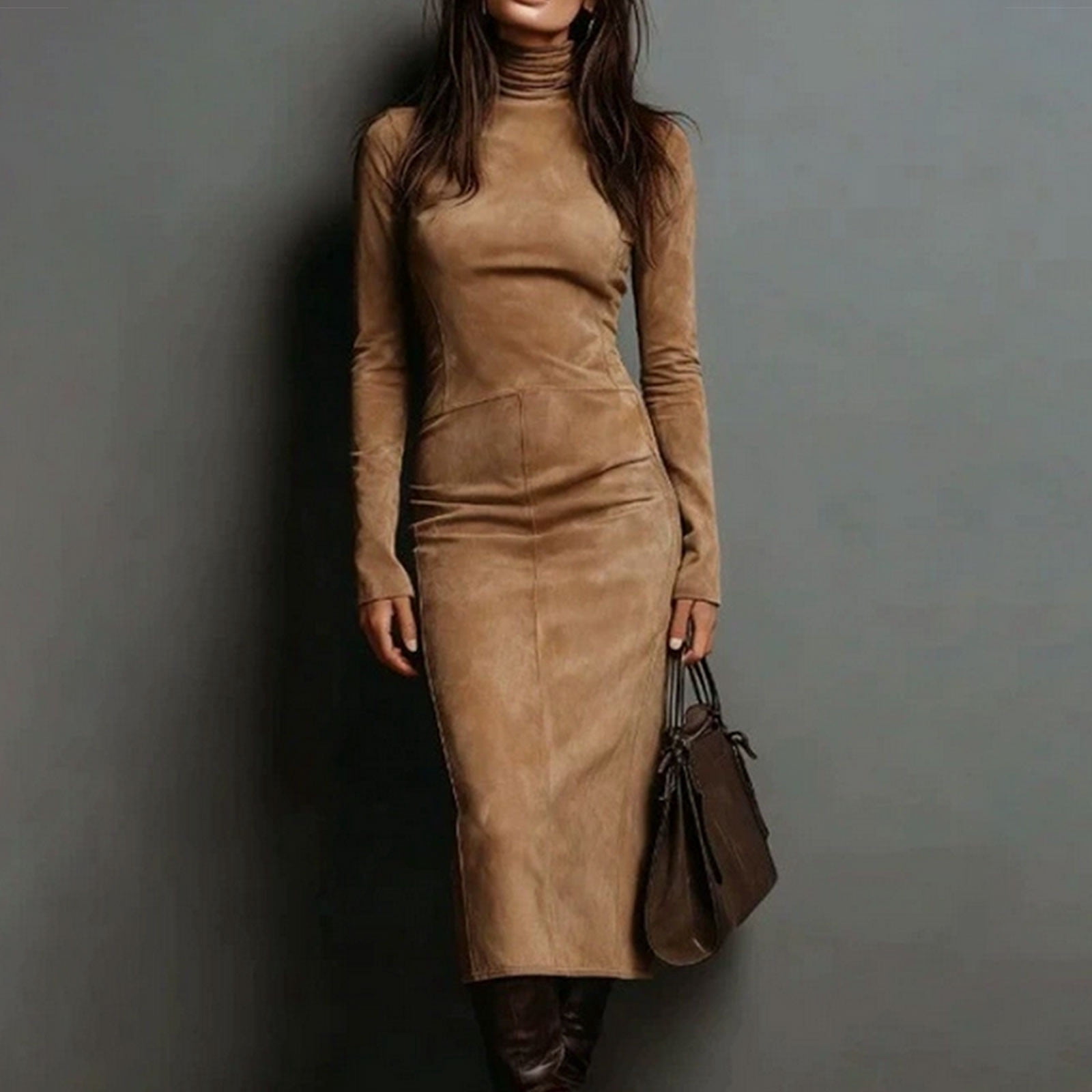 Ahabrexf Women's Casual Dress, Elegant Round Neck and Long Sleeve ...