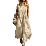 Ahabrexf Women's Casual Dress Solid Color V-Neck Sleeveless with ...
