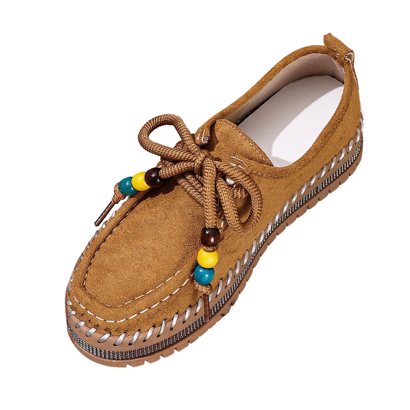 Ahabrexf Women's Casual Flats Beaded Ethnic Style Lace Up Soft Suede ...