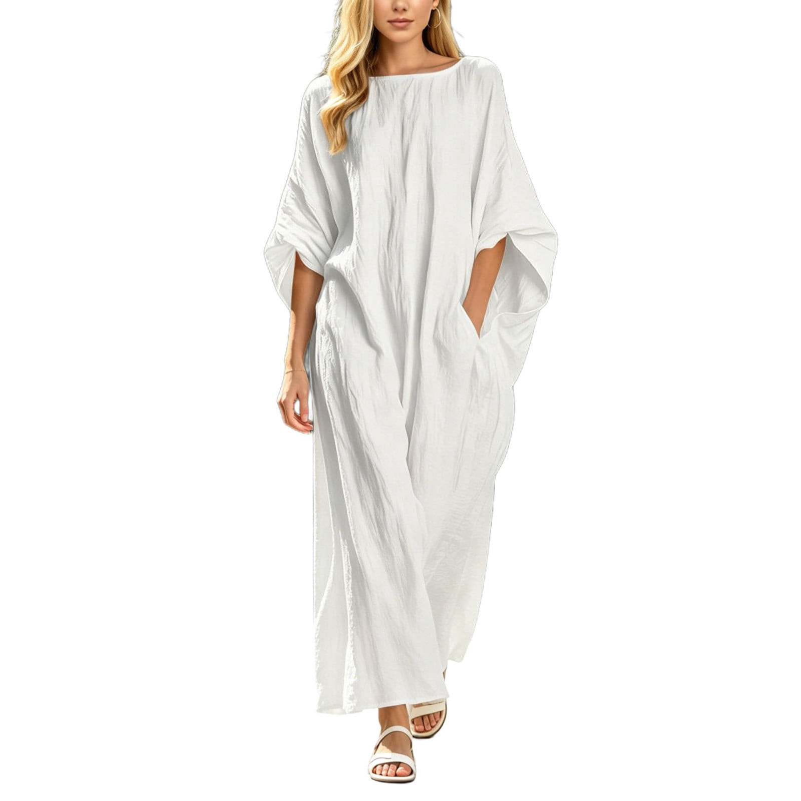 Ahabrexf Women's Casual Loose Batwing Sleeve Round Neck Solid Color ...