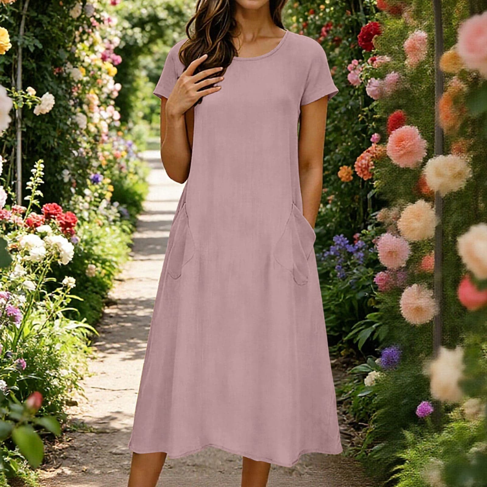 Ahabrexf Women's Casual Short Sleeve Linen Dress, Elegant Round Neck ...