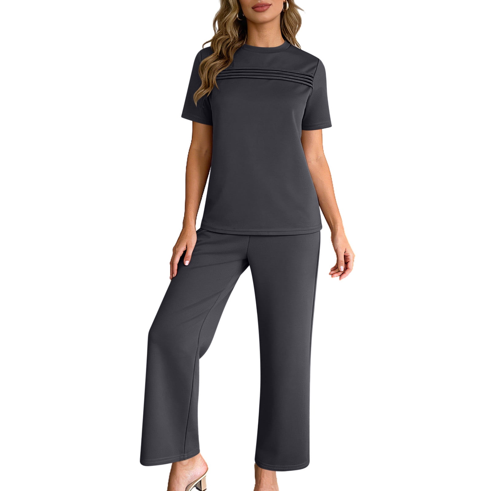 Ahabrexf Women's Casual Short Sleeve Shirts and Pants Set, Summer ...