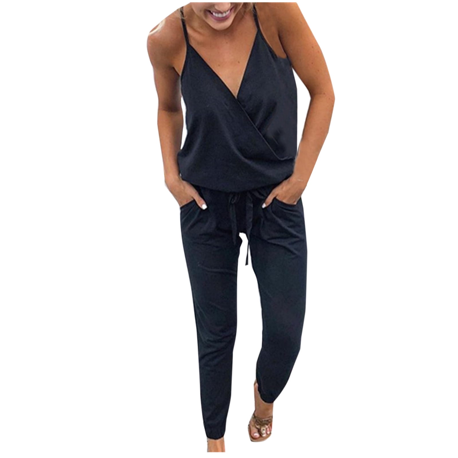 Ahabrexf Women's Casual Solid Color Elastic Waist Jumpsuit - Walmart.com