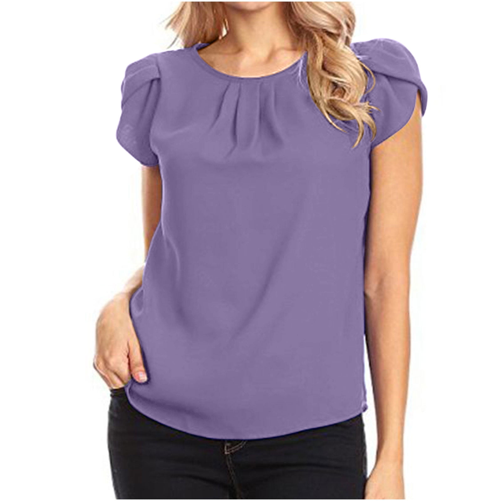 Ahabrexf Women's Chiffon Solid Color Short Sleeve Round Neck Casual ...