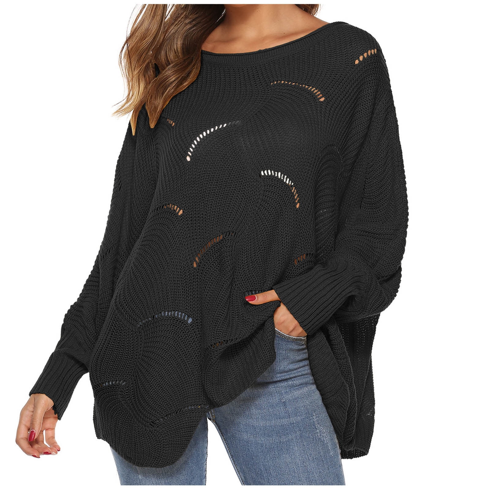 Ahabrexf Women's Fashion Loose Sleeve Hollow Irregular Knitted Pullover ...