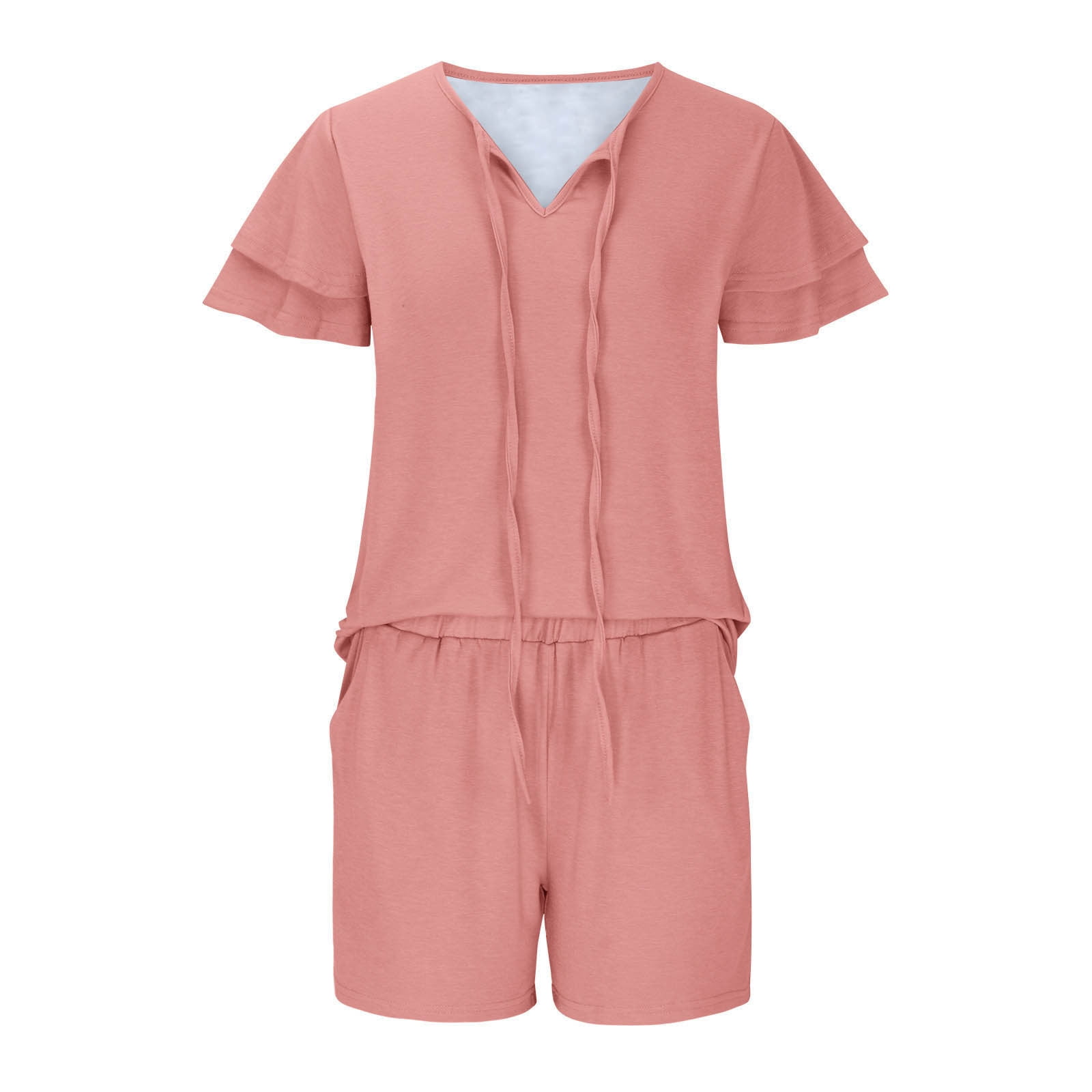 Ahabrexf Women's Fashion Shorts Two-piece Color Short-sleeved Casual ...
