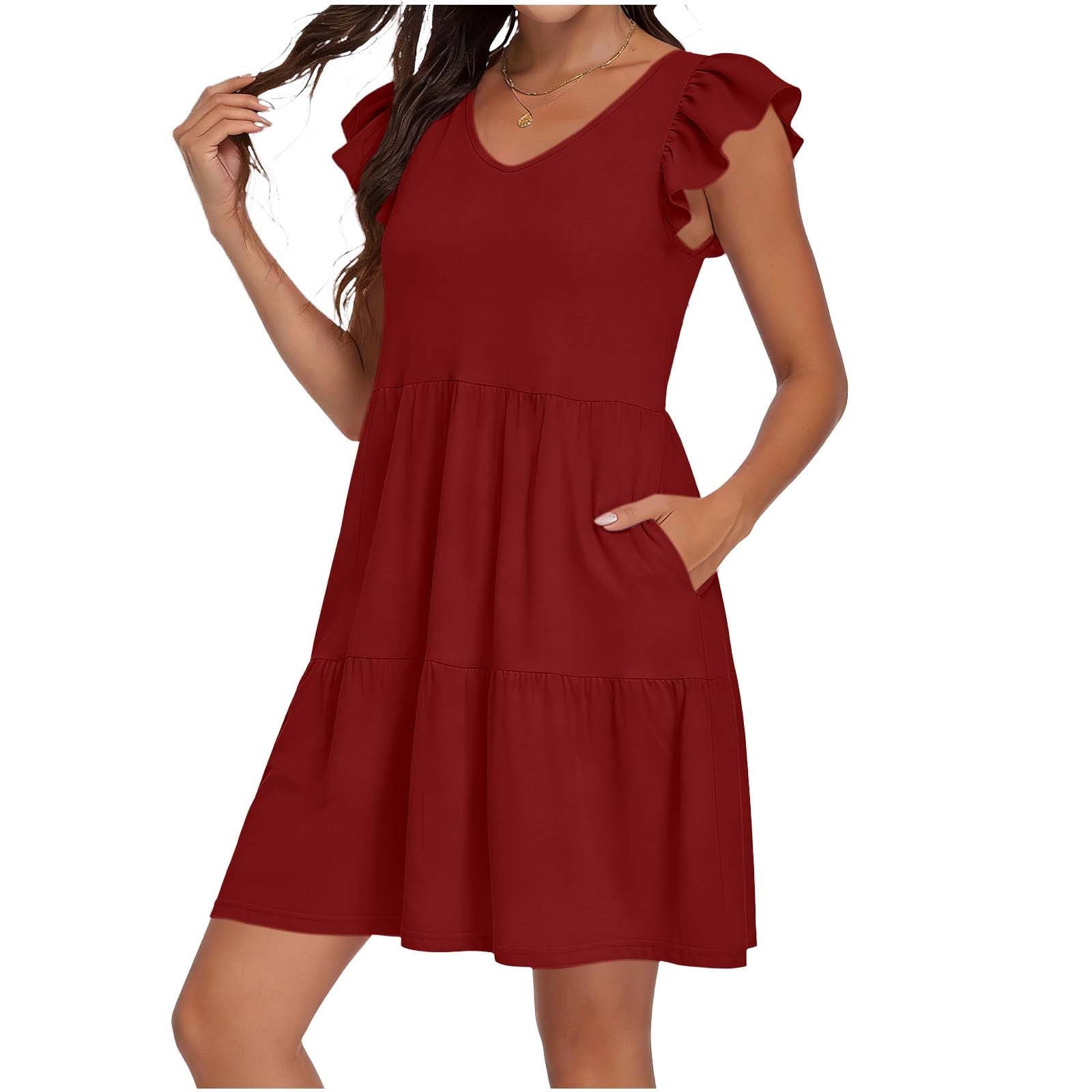 Ahabrexf Women's Fashion Solid Color Flutter Sleeve V-Neck Pocket Waist ...
