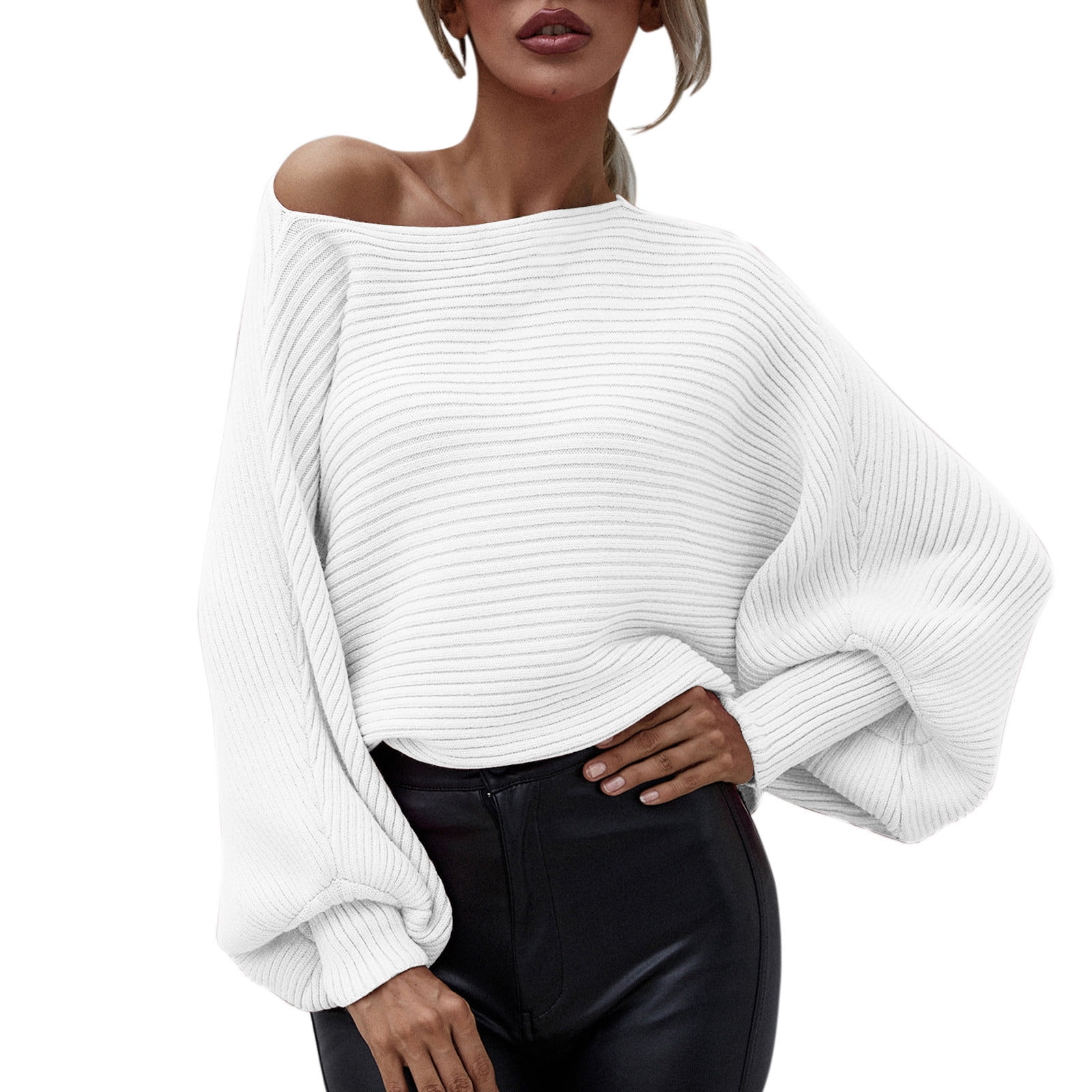 Ahabrexf Women's Fashion Sweater Coat Top Round-neck Loose Long Sleeve ...