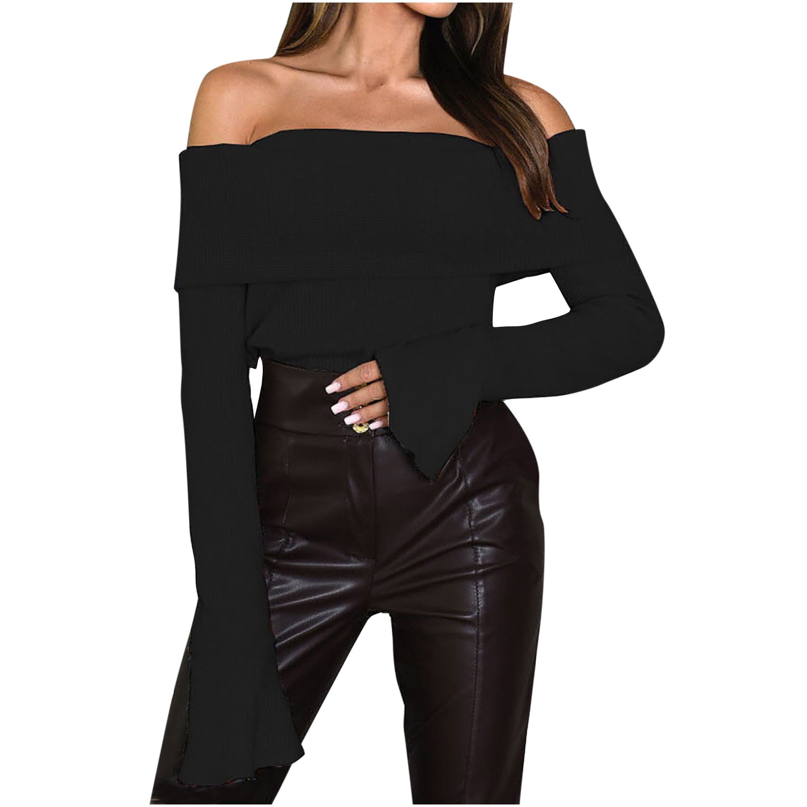 Ahabrexf Women's Fashion Sweater Sexy Spicy Girl One Line Neck Long ...