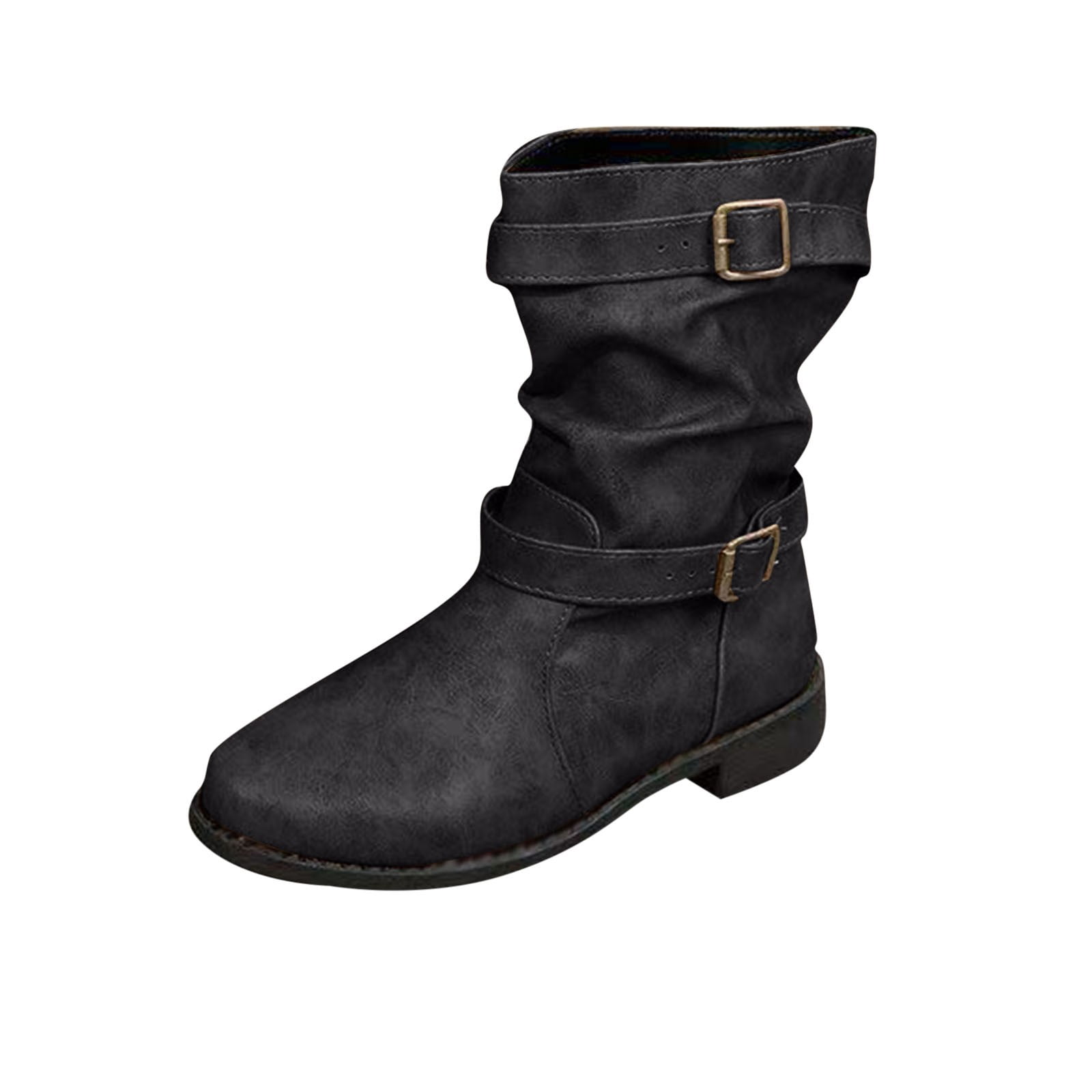 Ahabrexf Women's Faux Leather Frosted Mid Calf Chunky Heel Double Belt ...