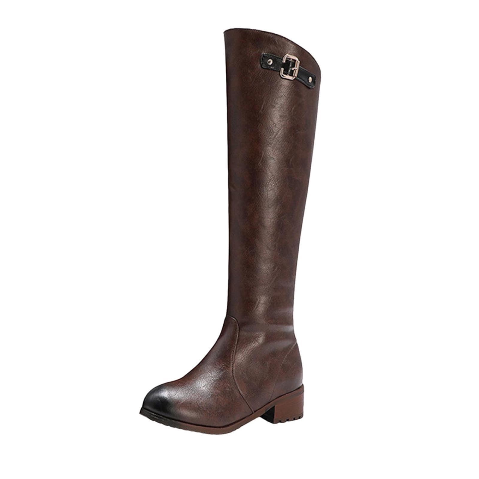 Ahabrexf Women's Faux Leather Knee High Boots with Side Zipper Chunky ...