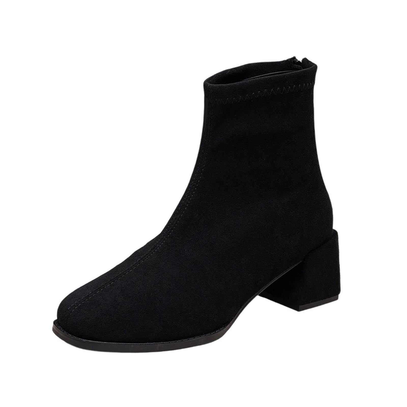 Ahabrexf Women's Faux Suede Square Toe Ankle Boots Chunky Mid Heel Back ...