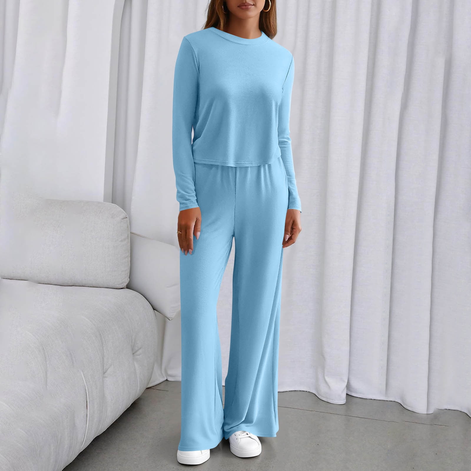 Ahabrexf Fleece Pants Set, Fashion Woman Round-Neck Solid Ruched Long ...