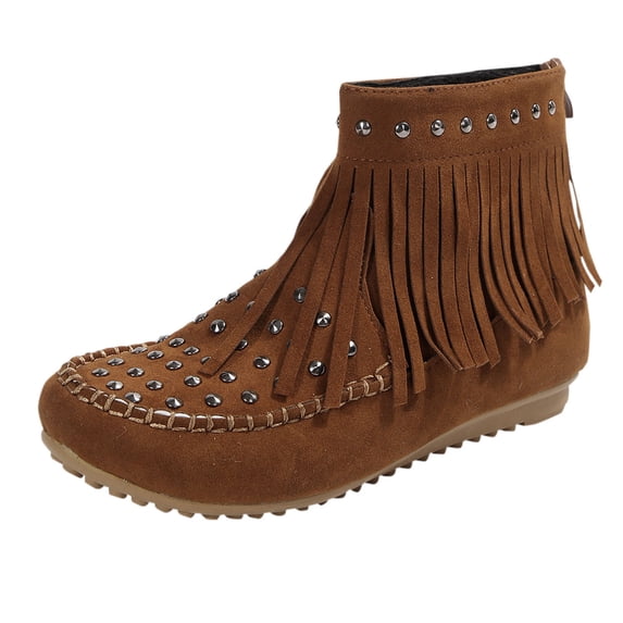 Ahabrexf Women's Fringe Ankle Boots Low Heel Slip on Round Toe Short ...