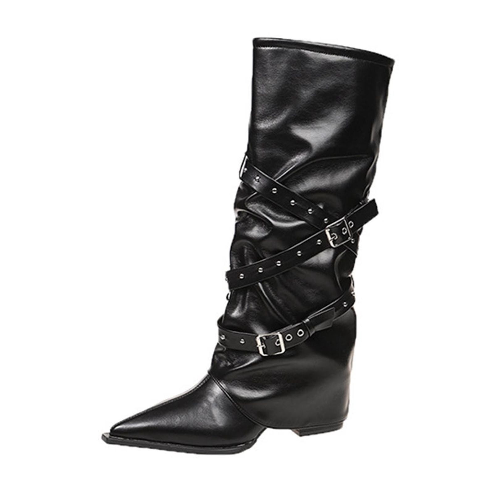 Ahabrexf Women's Knee High Boots Faux Leather Pleated Pointed Toe Low ...