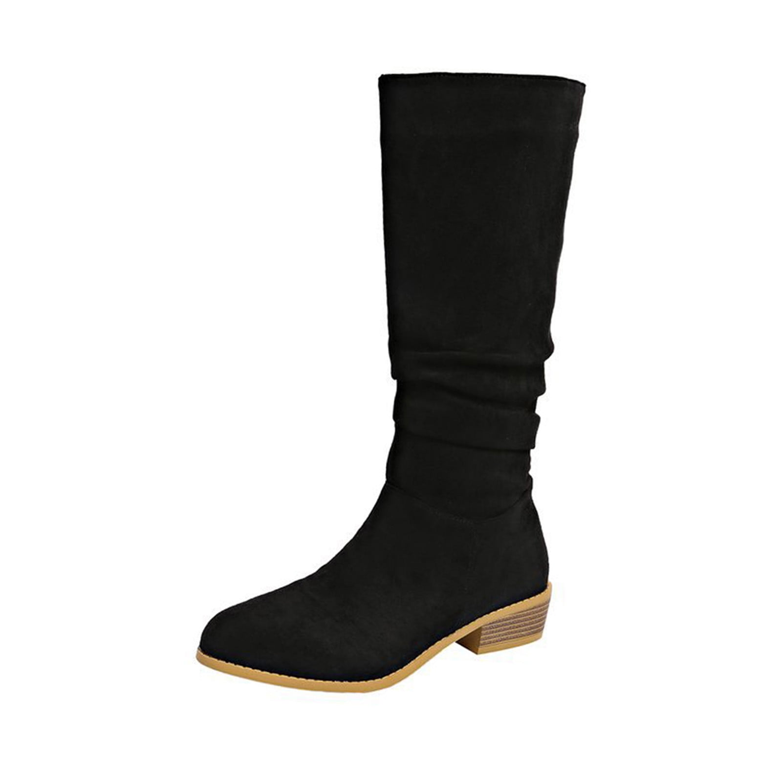 Ahabrexf Women's Knee High Boots Faux Suede Pointed Toe Low Block Heel ...