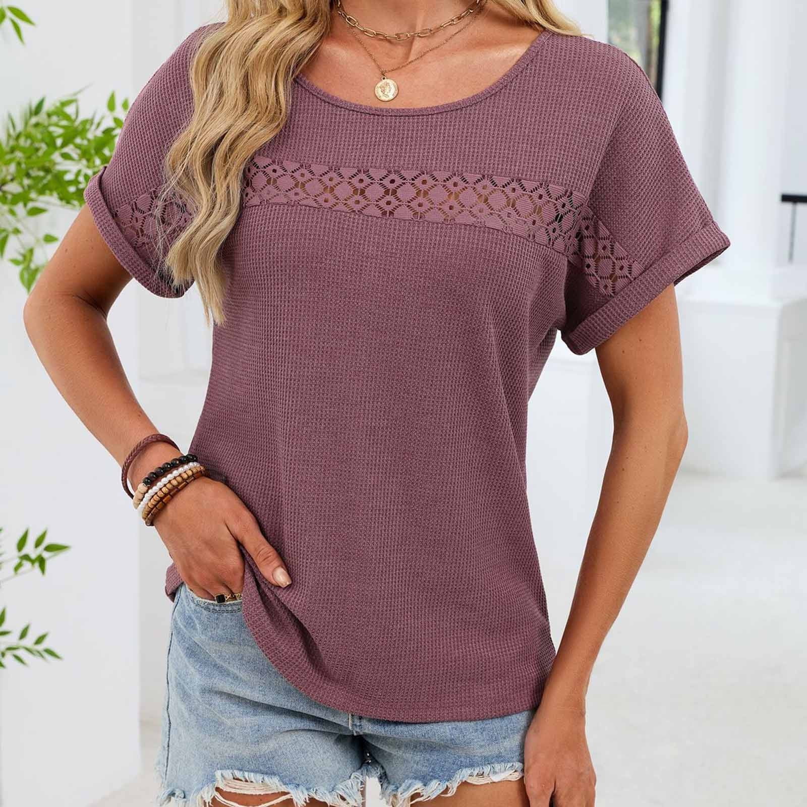 Ahabrexf Short Sleeve Tops for Women Solid Color Round Neck Lace ...