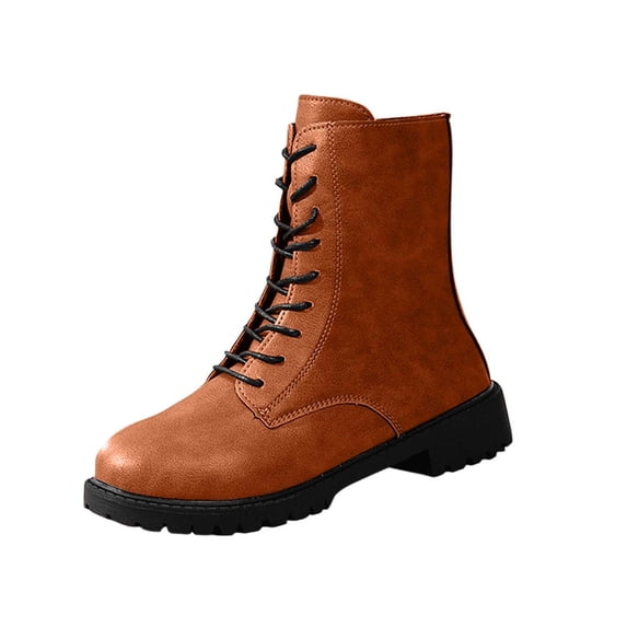 Ahabrexf Women's Lace-Up Ankle Boots Faux Leather Chunky Block Mid Heel ...