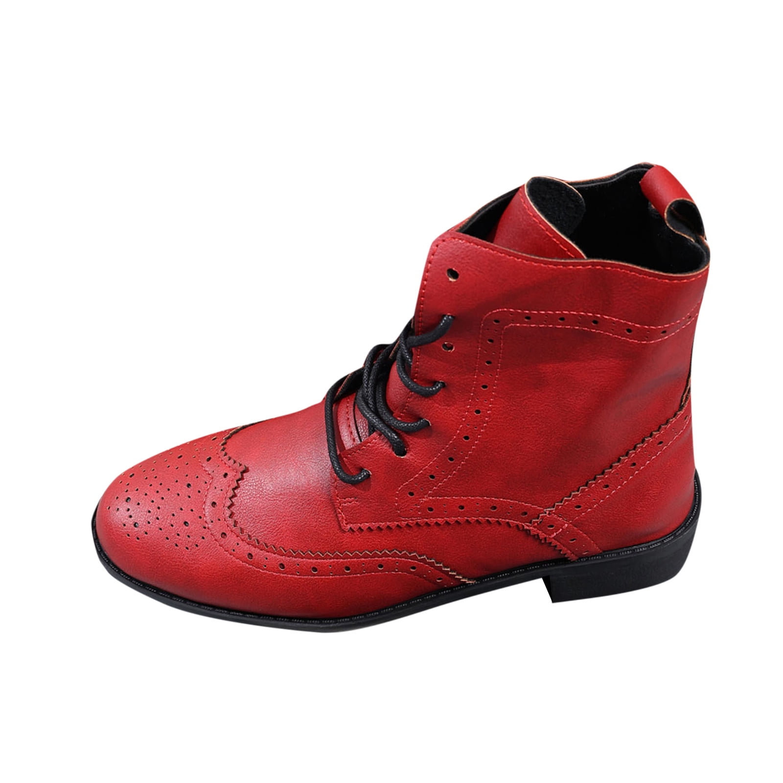 Ahabrexf Women's Leather Ankle Boots Lace Up Low Block Heel Brogue ...