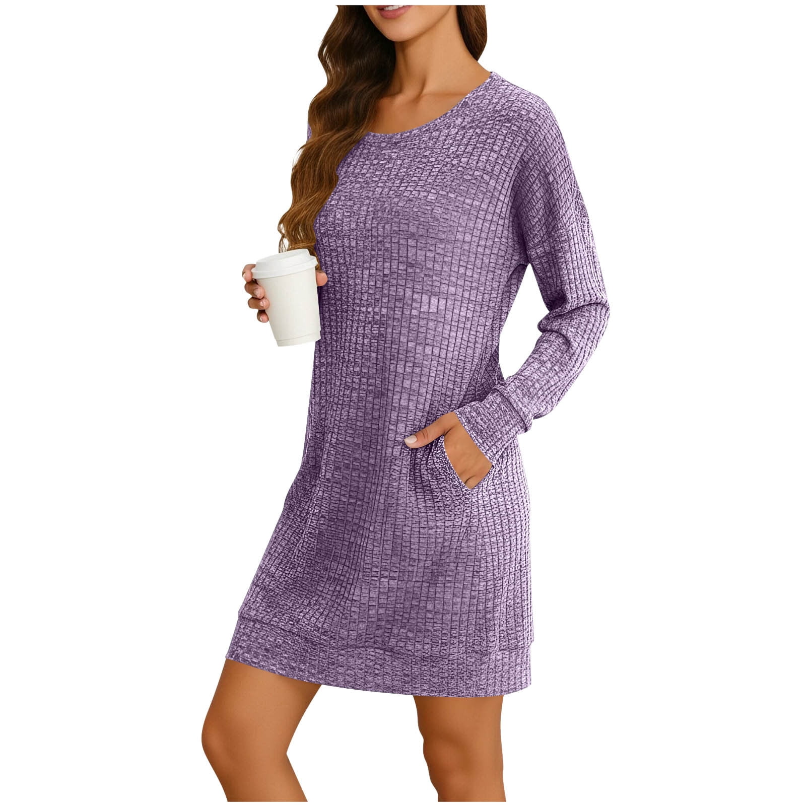 Ahabrexf Women's Long Sleeve Dress, Casual Round Neck Fold Hem Sleeve ...