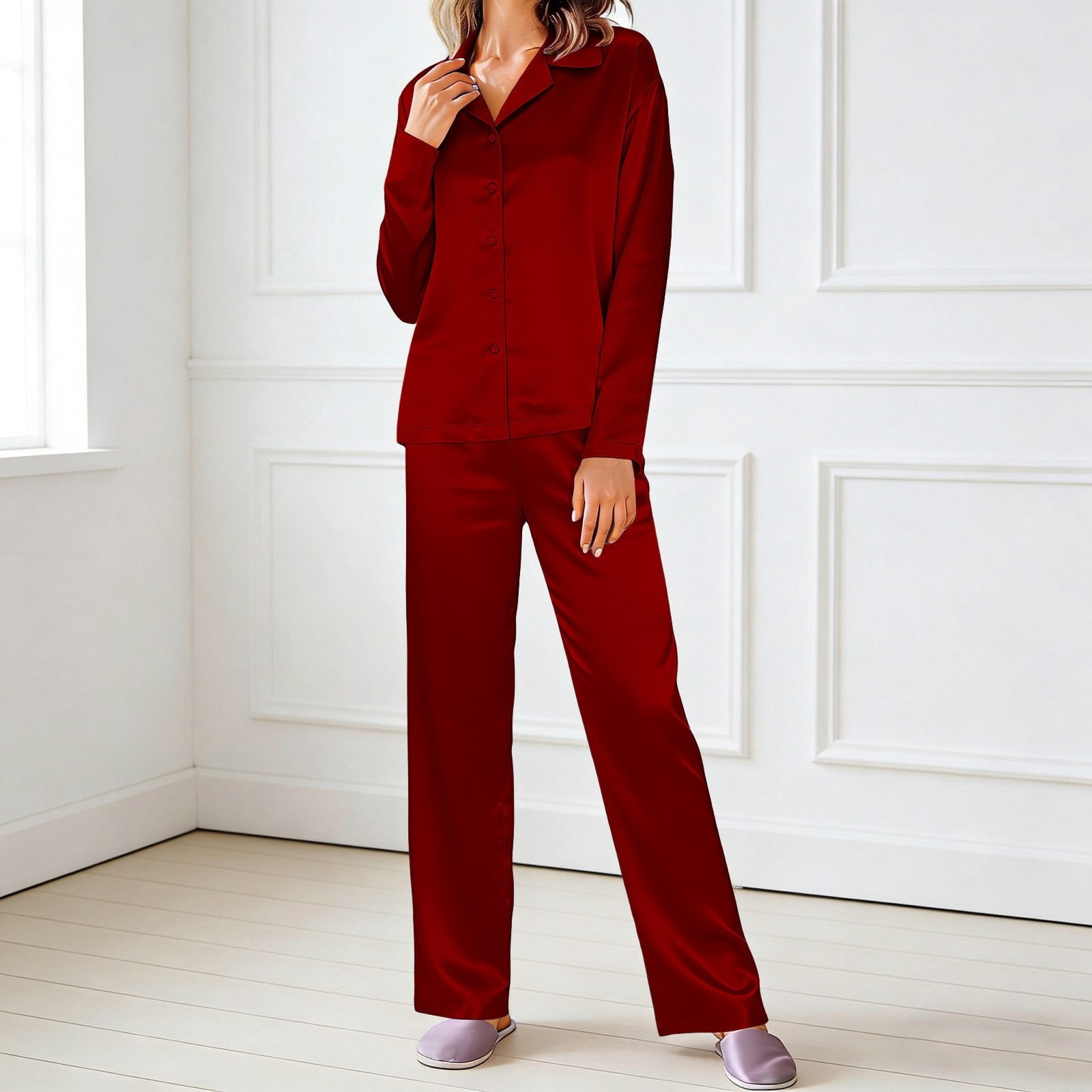 Ahabrexf Women's Loungewear Set, Satin Pajamas with Cuban Collar and ...