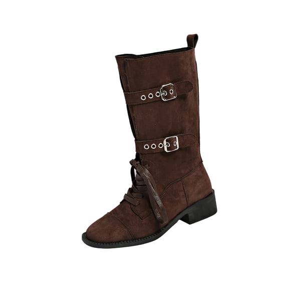 Ahabrexf Women's Mid-Calf Boots Chunky Heel Pointed Toe Lace-Up Buckle ...