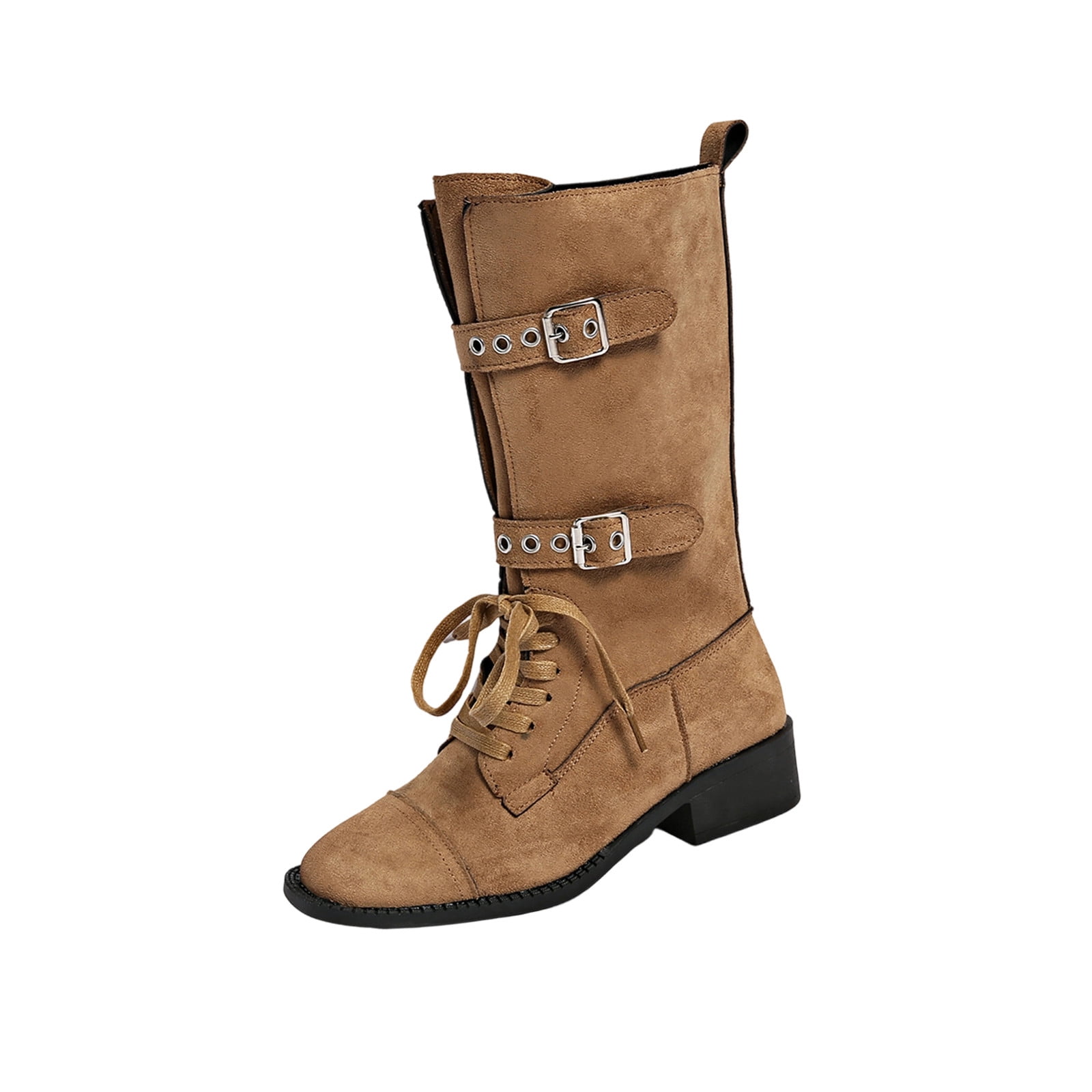 Ahabrexf Women's Mid-Calf Boots Chunky Heel Pointed Toe Lace-Up Buckle ...