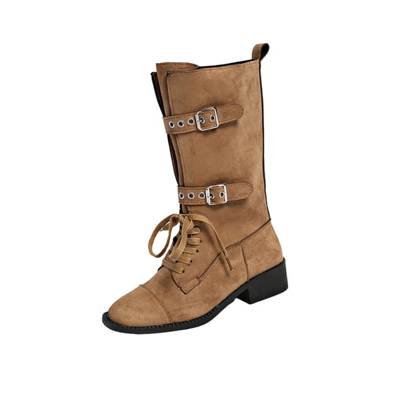 Ahabrexf Women's Mid-Calf Boots Chunky Heel Pointed Toe Lace-Up Buckle ...