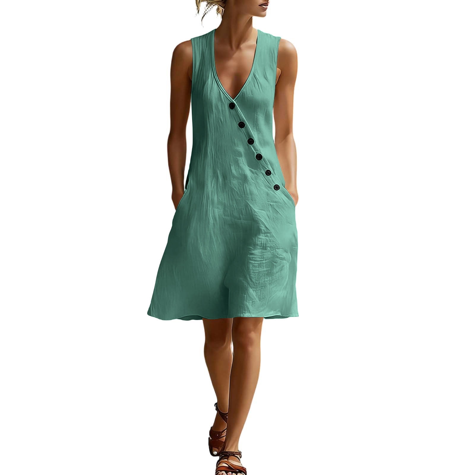 Ahabrexf Women's Mini Dress V-Neck Sleeveless Asymmetrical Button Down ...