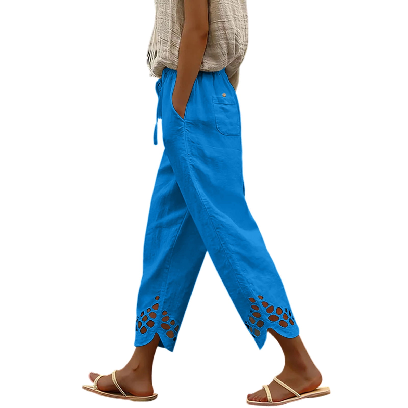 Ahabrexf Women's Pants Drawstring High Waist Lace Patchwork Wide Leg ...